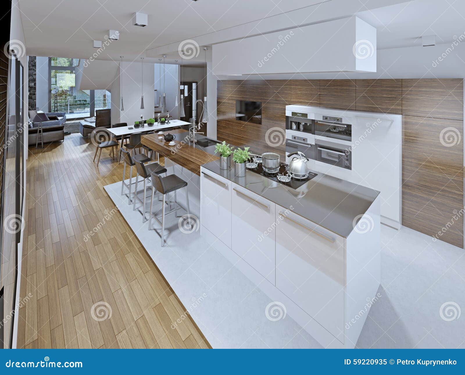 High-tech Kitchen with Dining Room Stock Image - Image of island, floor ...