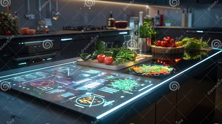 A High-tech Kitchen Featuring an Advanced Interactive Countertop ...