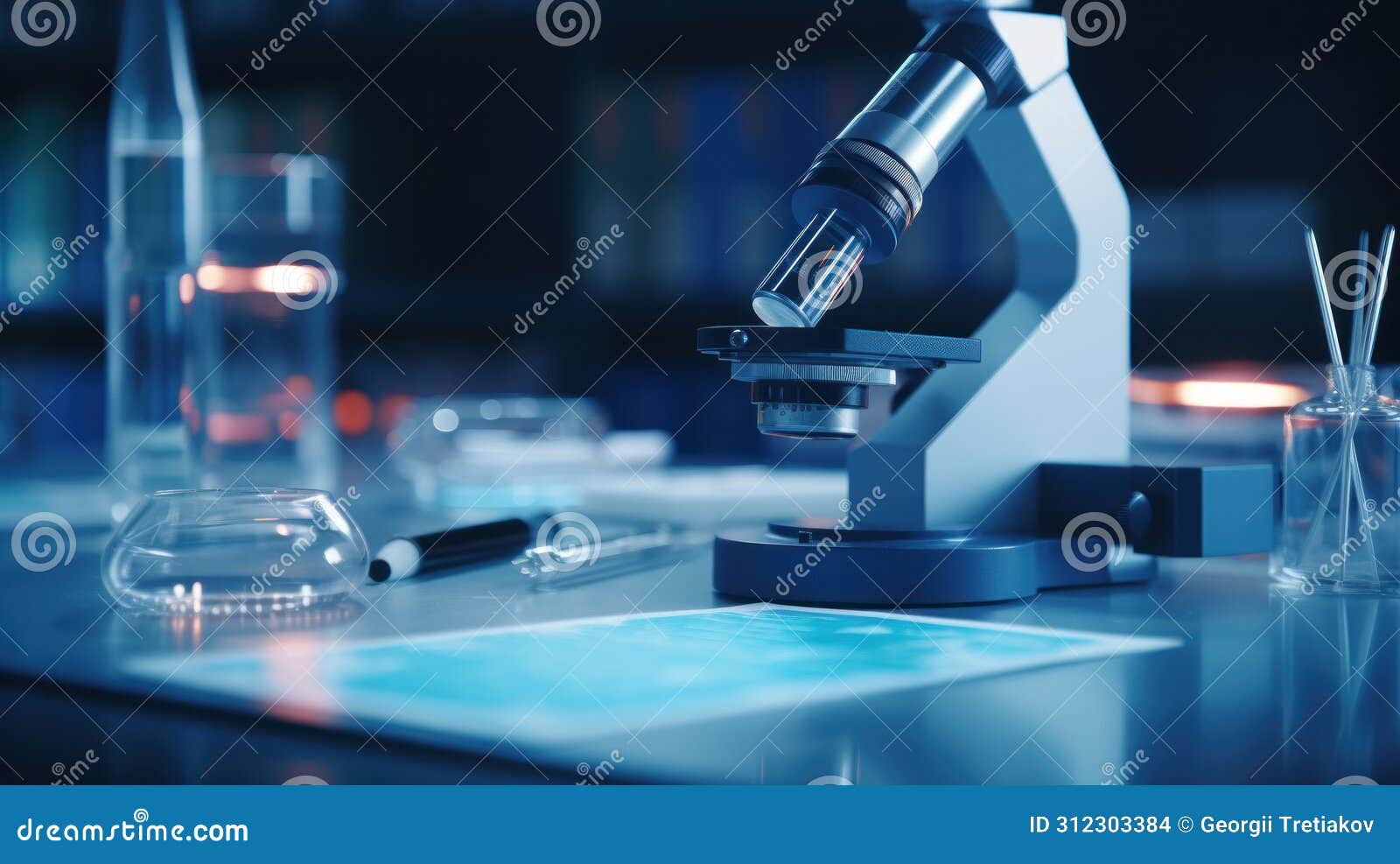 Modern Laboratory with Microscope and Scientific Equipment Blue Stock Illustration ...