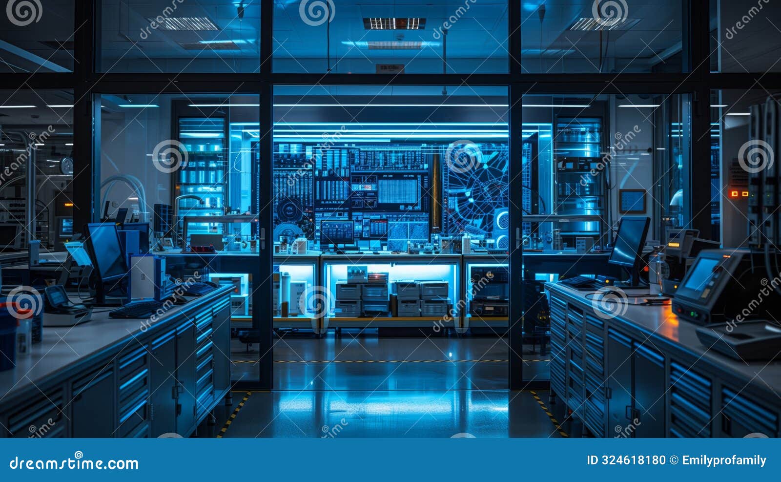 High-Tech Lab Interior at Night with Computers and Equipment Stock ...