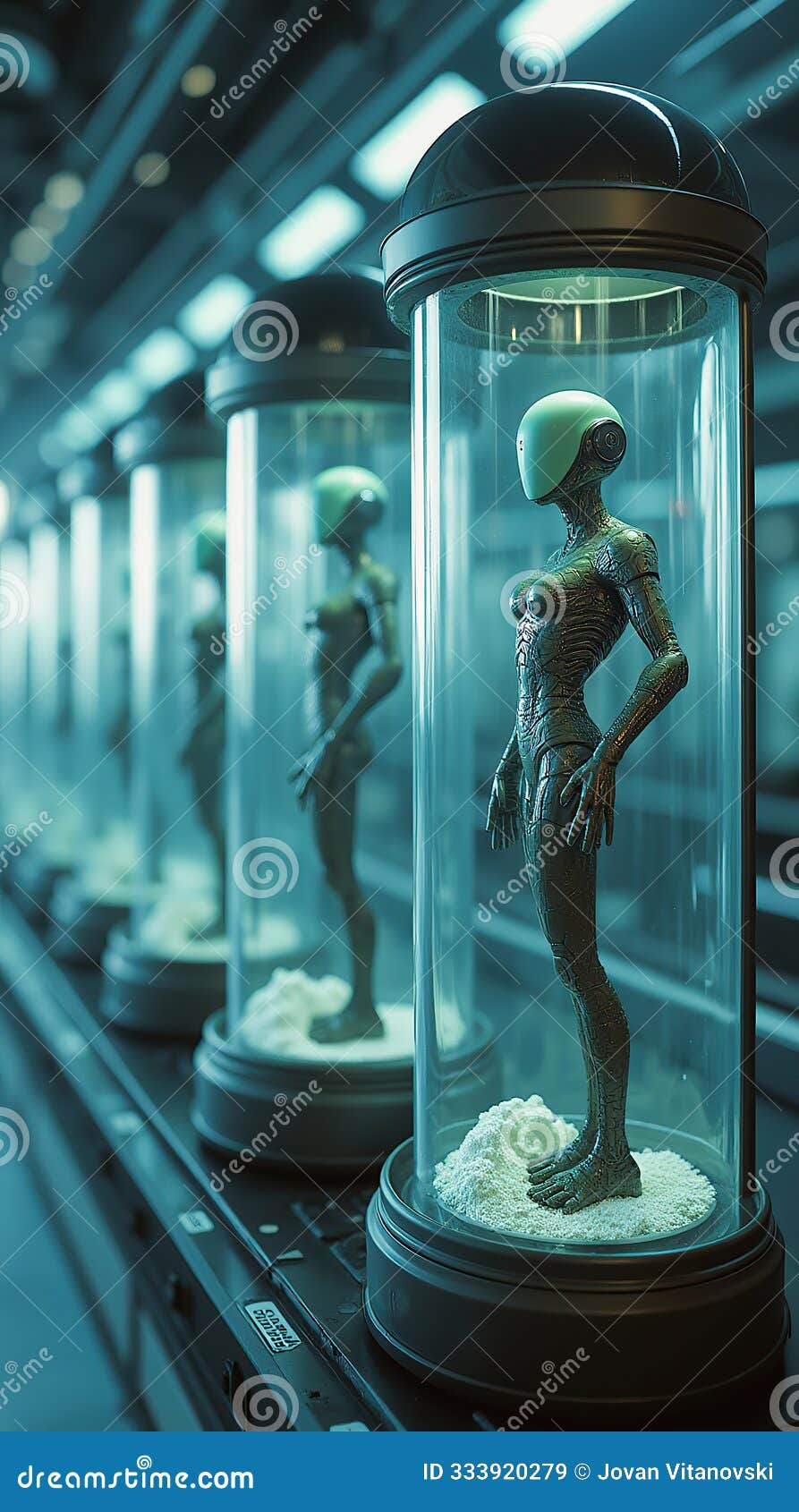 Futuristic Alien Lab with Humanoid Figures in Glass Containers Stock Illustration - Illustration ...