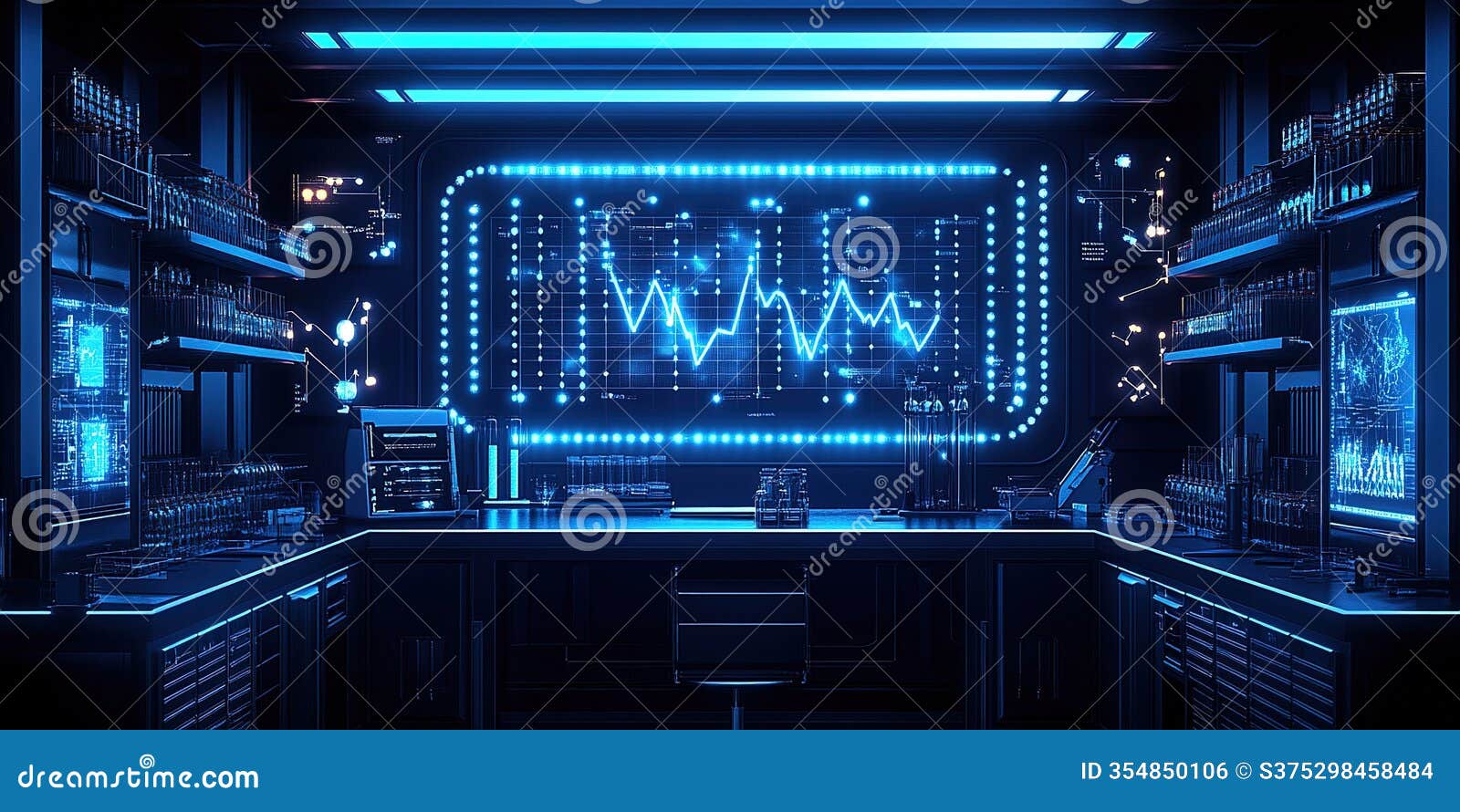 High-tech Laboratory with Blue Lighting and Data Visualization Displays ...