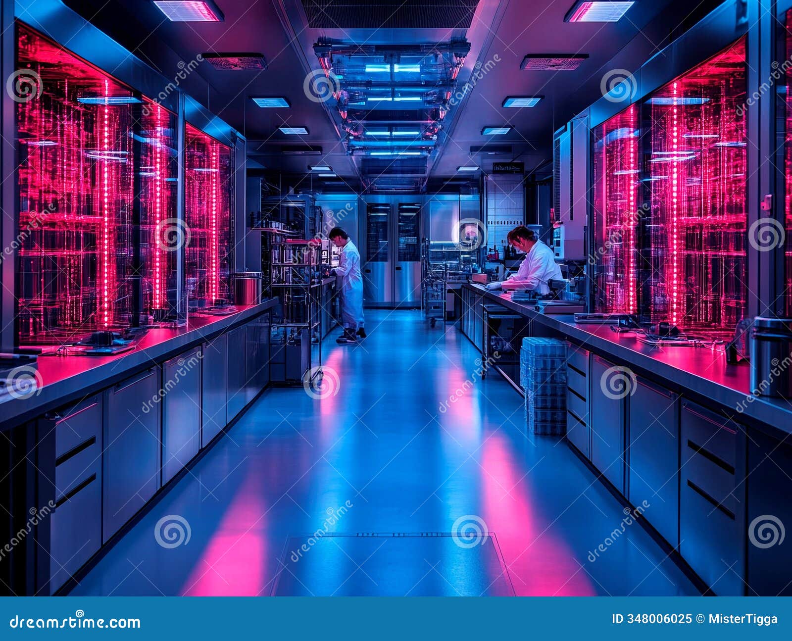 High-tech Laboratory Command Center, Illuminated by Pink and Blue Neon Lights, Multiple Computer ...