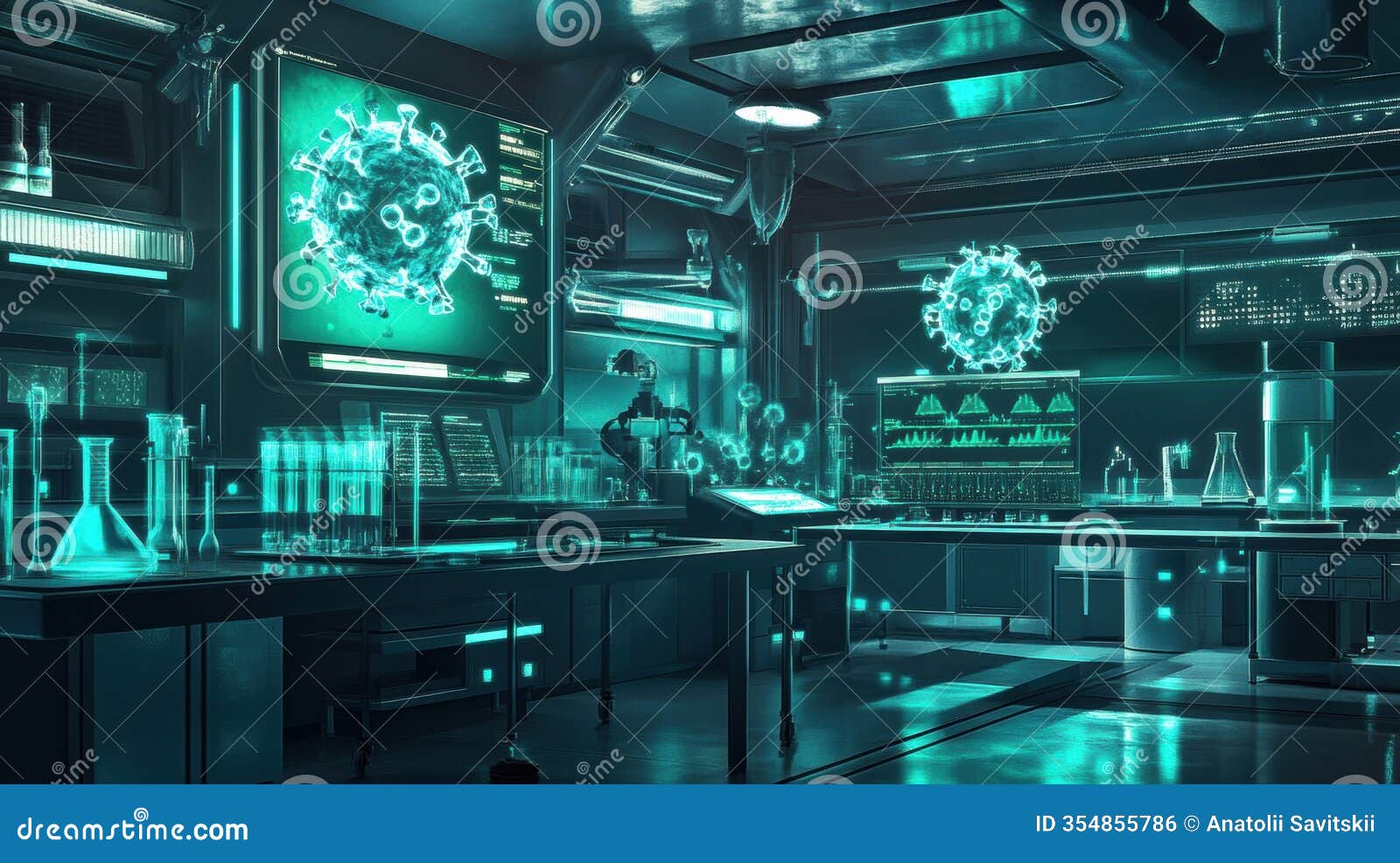 Modern Laboratory Setup Featuring Test Tubes and Glowing Monitors with ...