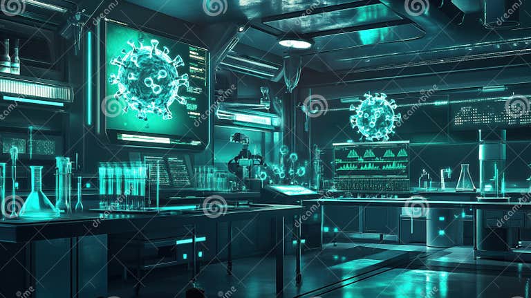 Modern Laboratory Setup Featuring Test Tubes and Glowing Monitors with ...