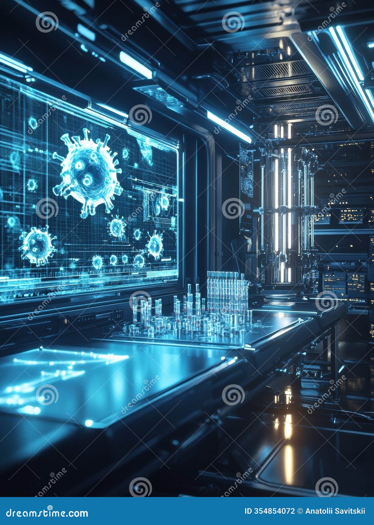 Modern Laboratory Environment with Glowing Monitors and Test Tubes ...