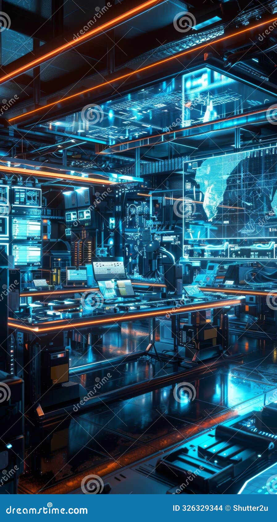 Hightech Laboratory with Glowing Neon Interfaces and Advanced Hologram ...