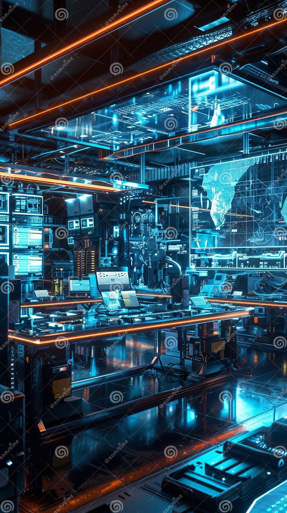 Hightech Laboratory with Glowing Neon Interfaces and Advanced Hologram ...