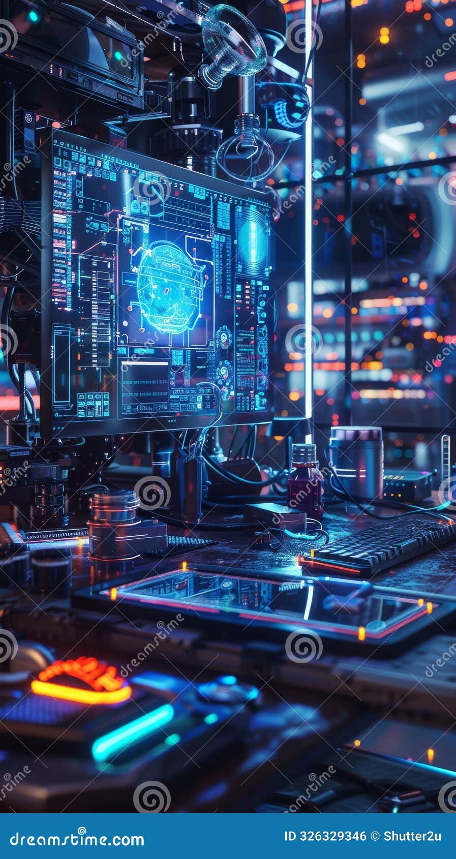 Hightech Laboratory with Glowing Neon Interfaces and Advanced Hologram ...