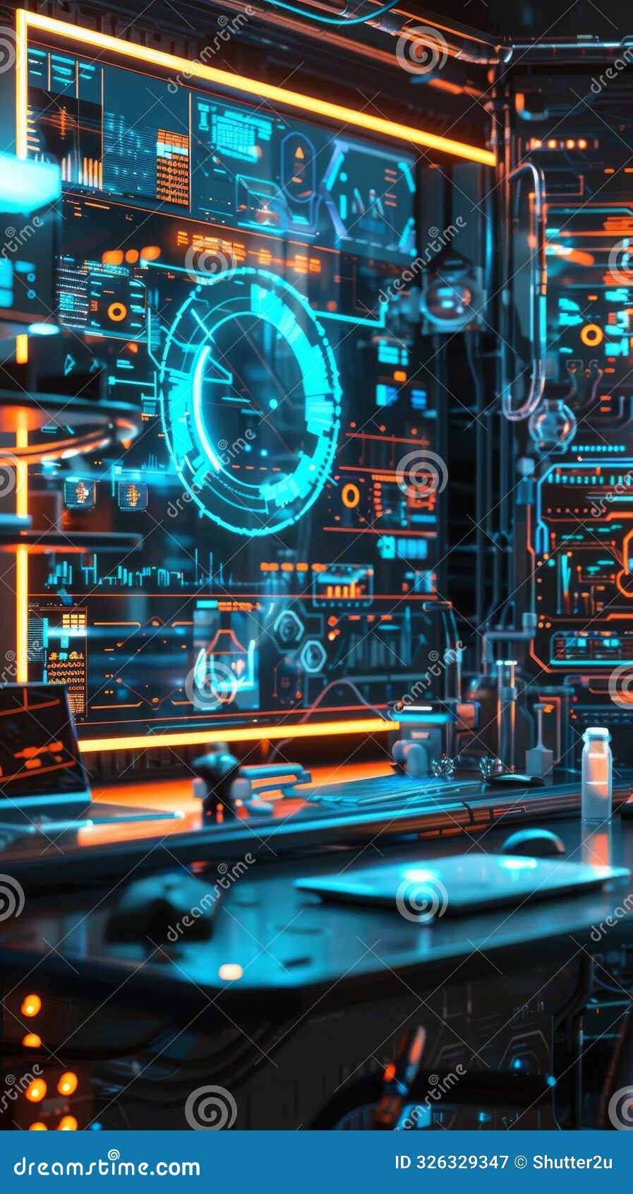 Hightech Laboratory with Glowing Neon Interfaces and Advanced Hologram ...