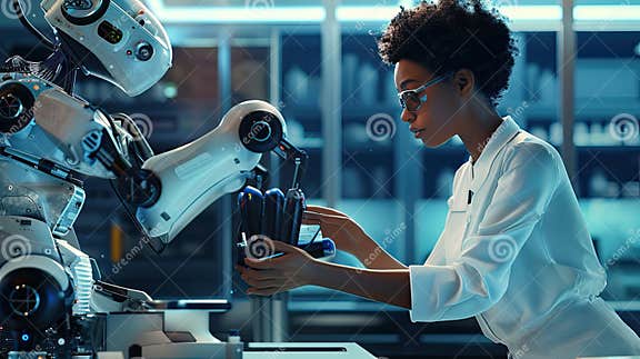 High Tech Laboratory Illustration Of Woman And Robot Assistants