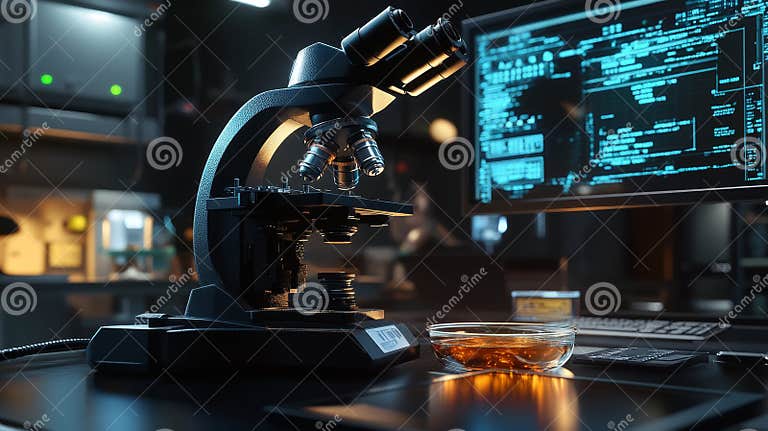 High-tech Laboratory Microscope with Data Visualization Stock Image ...