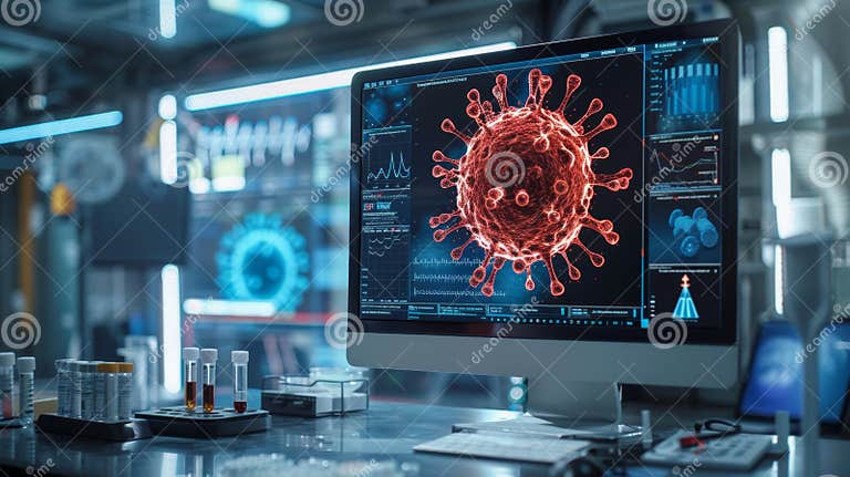 High-tech Laboratory Researching Virus on a Computer Screen with Data ...