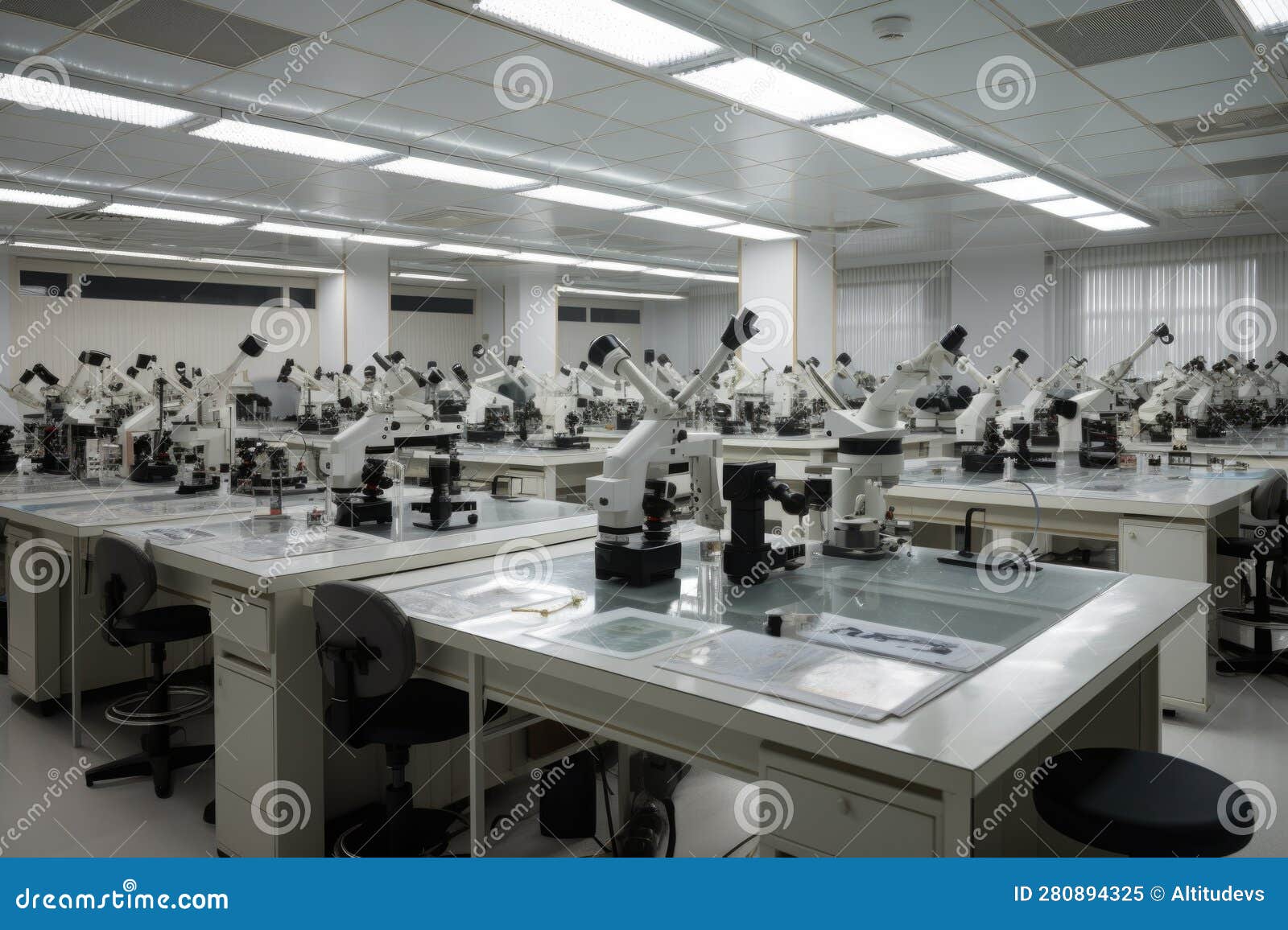High-tech Laboratory, with Rows of Microscopes and Advanced Equipment ...