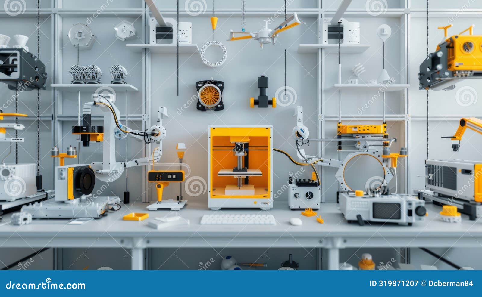 High-tech Laboratory Setup with Robotic Arms and 3D Printer in Modern ...