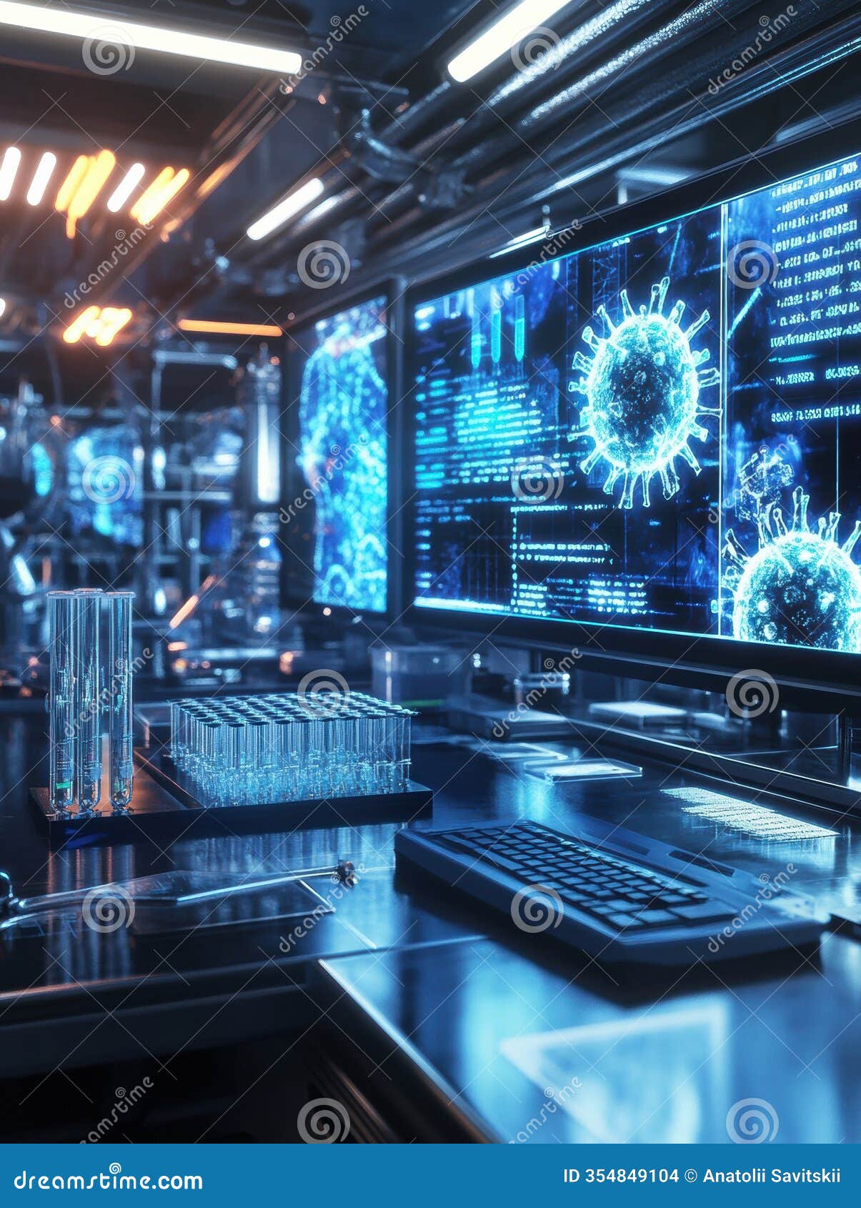Modern Laboratory Equipped with Glowing Monitors and Test Tubes Focused ...