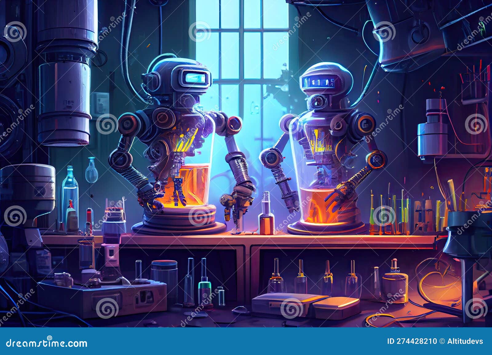 High-tech Laboratory, with Two Robots Performing Complex Chemical ...