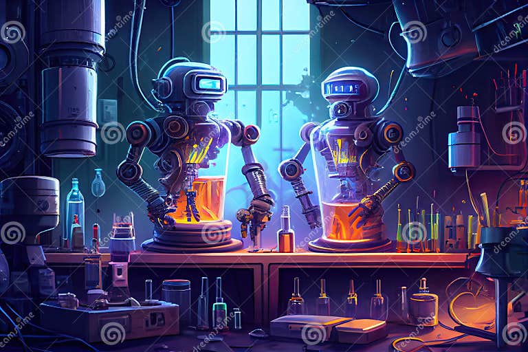 High-tech Laboratory, with Two Robots Performing Complex Chemical ...