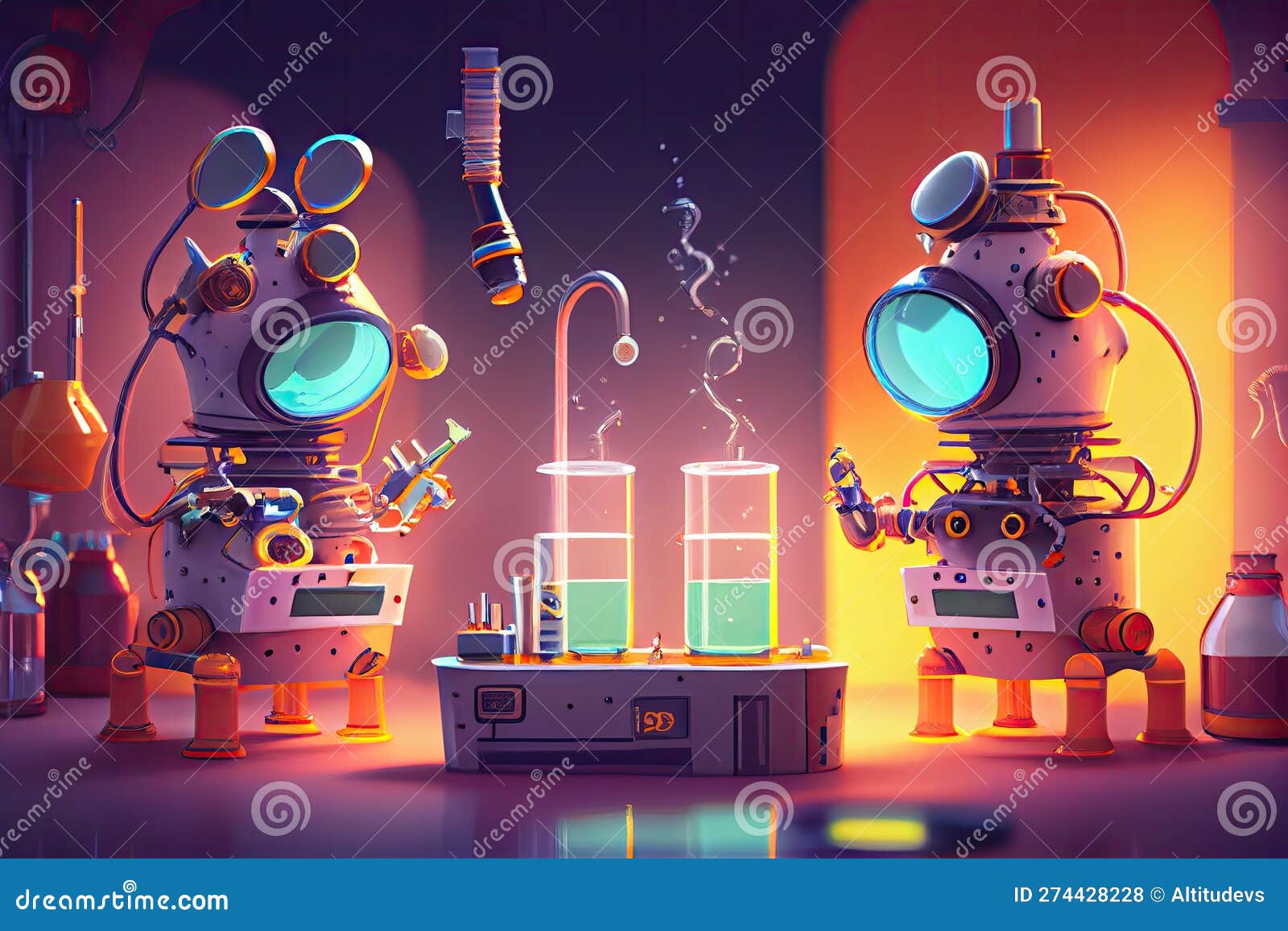 High-tech Laboratory, with Two Robots Performing Complex Chemical ...