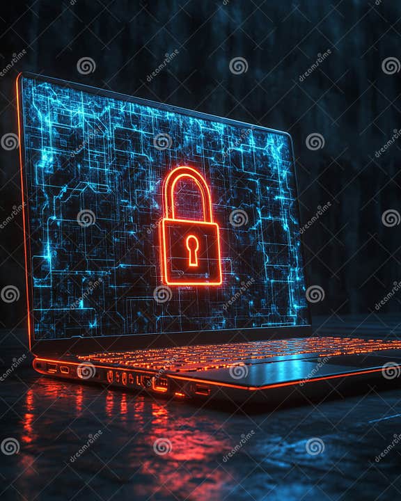 High Tech Laptop with an Illuminated Red Lock Icon on a Dark Digital ...
