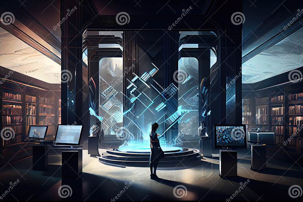 High-tech Library with Holographic Interface, Touch Screens, and 3d ...