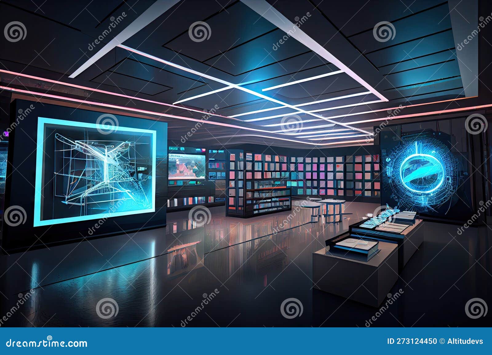 High-tech Library with Holographic Interface, Touch Screens, and 3d ...