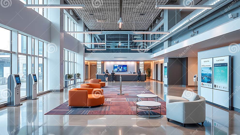 A High Tech Lobby with Modular Seating Charging Stations and ...