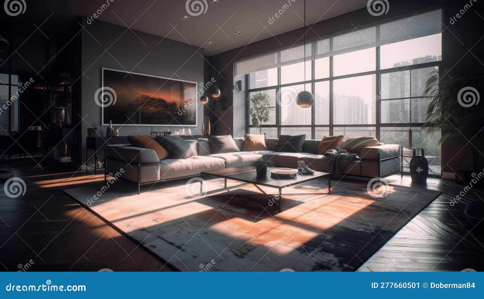 High-tech Loft Living Room, Large Panoramic Windows Stock Illustration ...