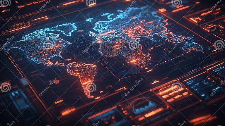 High Tech Map of the World Glowing in Vivid Orange on a Digital Interface, Representing Data ...