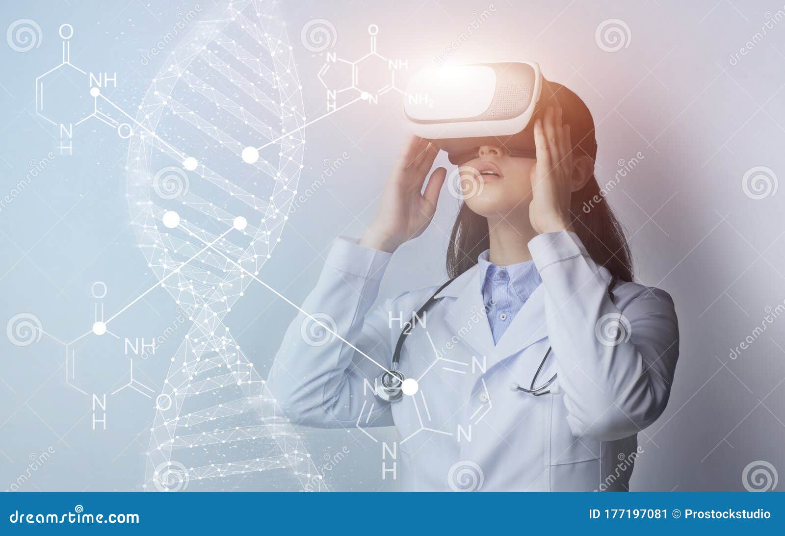 High Tech Medicine. Young Doctor Using VR Headset, Collage With DNA ...
