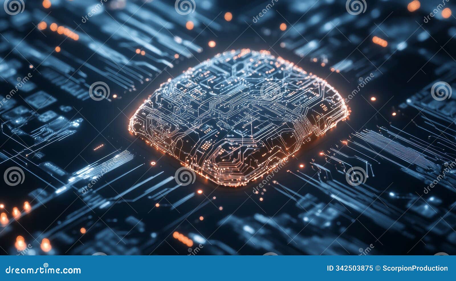High-tech Microchip Illustration with Glowing Circuits and Data ...