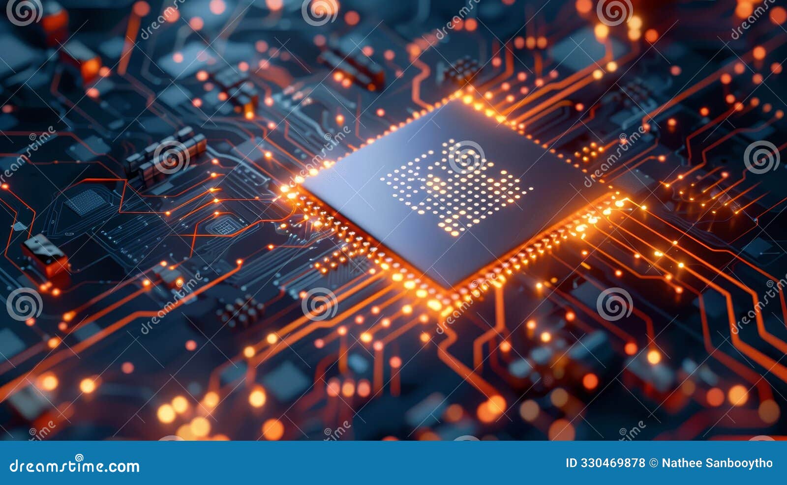 High-Tech Microchip with Orange Circuit Connections Stock Illustration ...