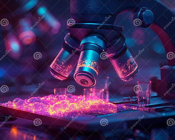 High Tech Microscope Examining Vibrant Biological Samples with Glowing ...