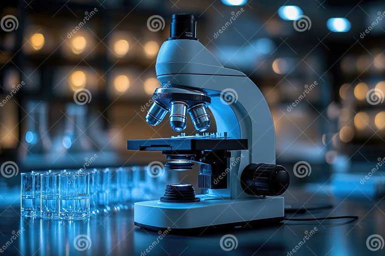 High-Tech Microscope and Test Tubes on Laboratory Table for Advanced ...