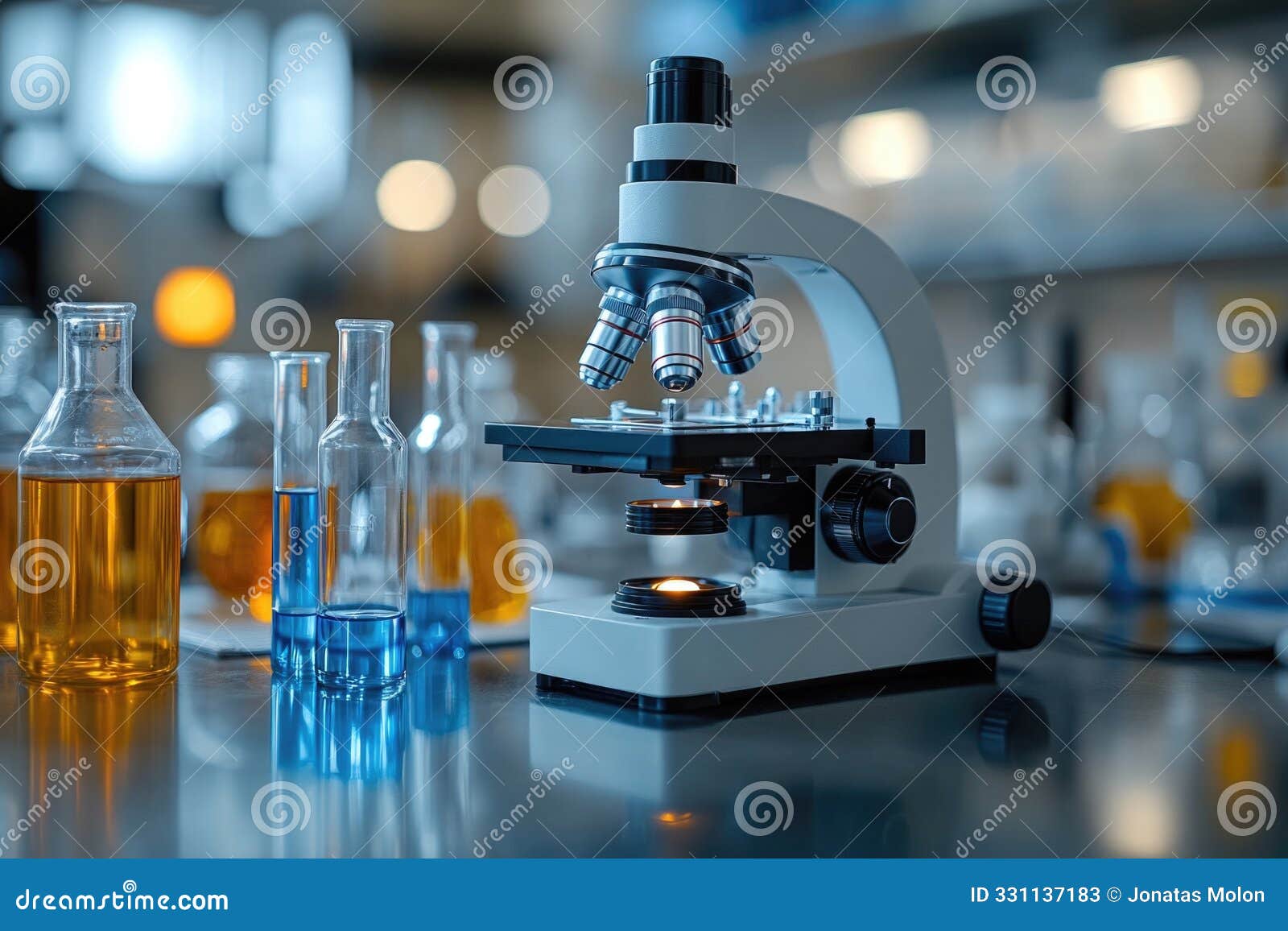 High-Tech Microscope and Test Tubes on Laboratory Table for Advanced ...