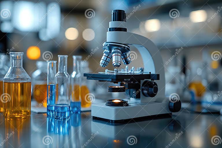 High-Tech Microscope and Test Tubes on Laboratory Table for Advanced ...