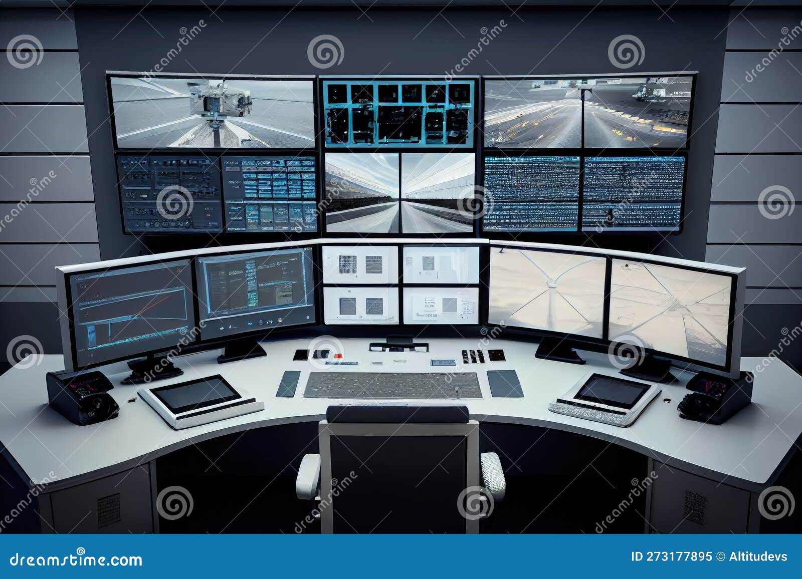 High-tech Monitoring Room, with Multiple Monitors and Security Cameras ...
