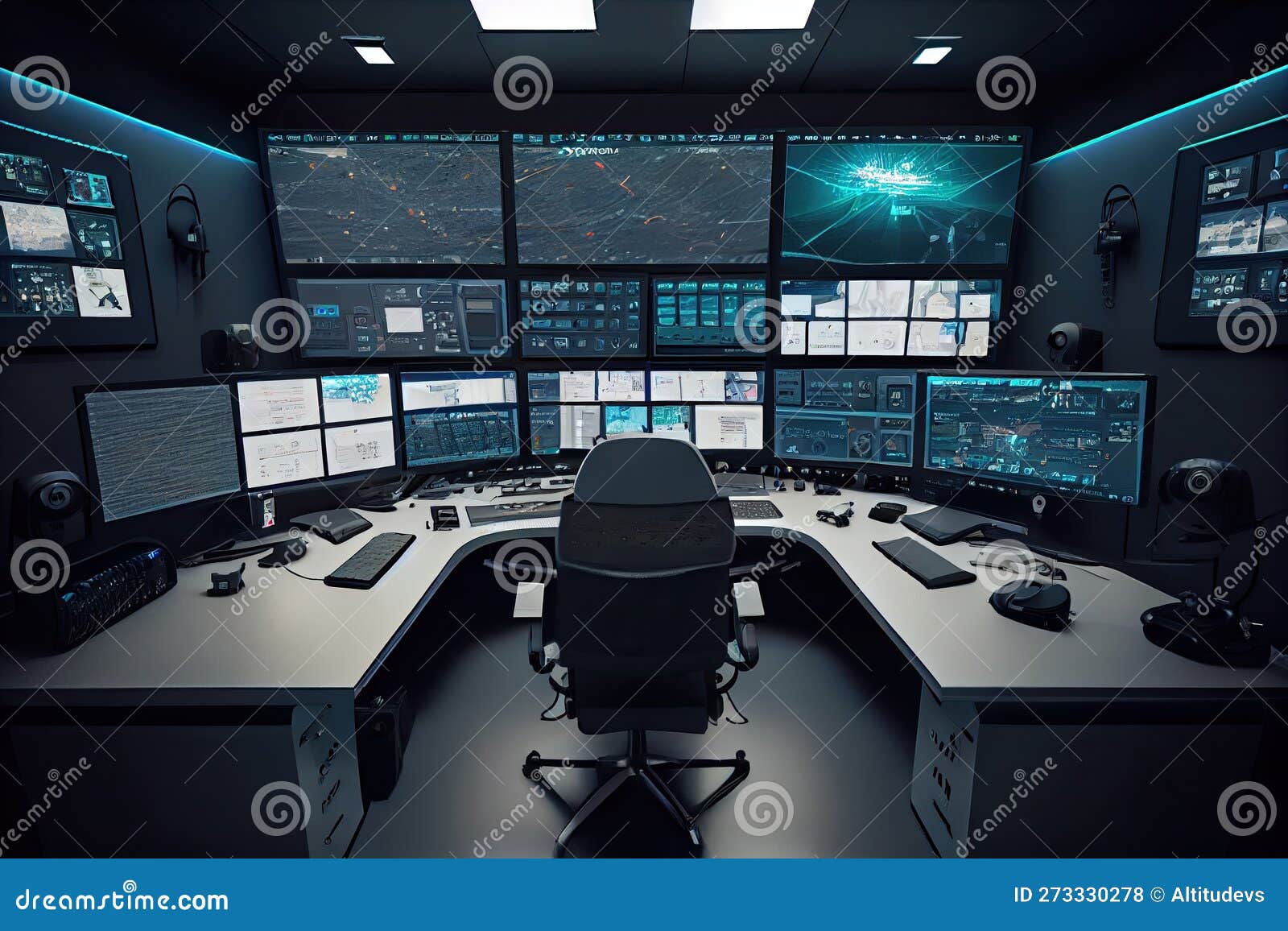 High-tech Monitoring Room, with Multiple Monitors and Security Cameras ...