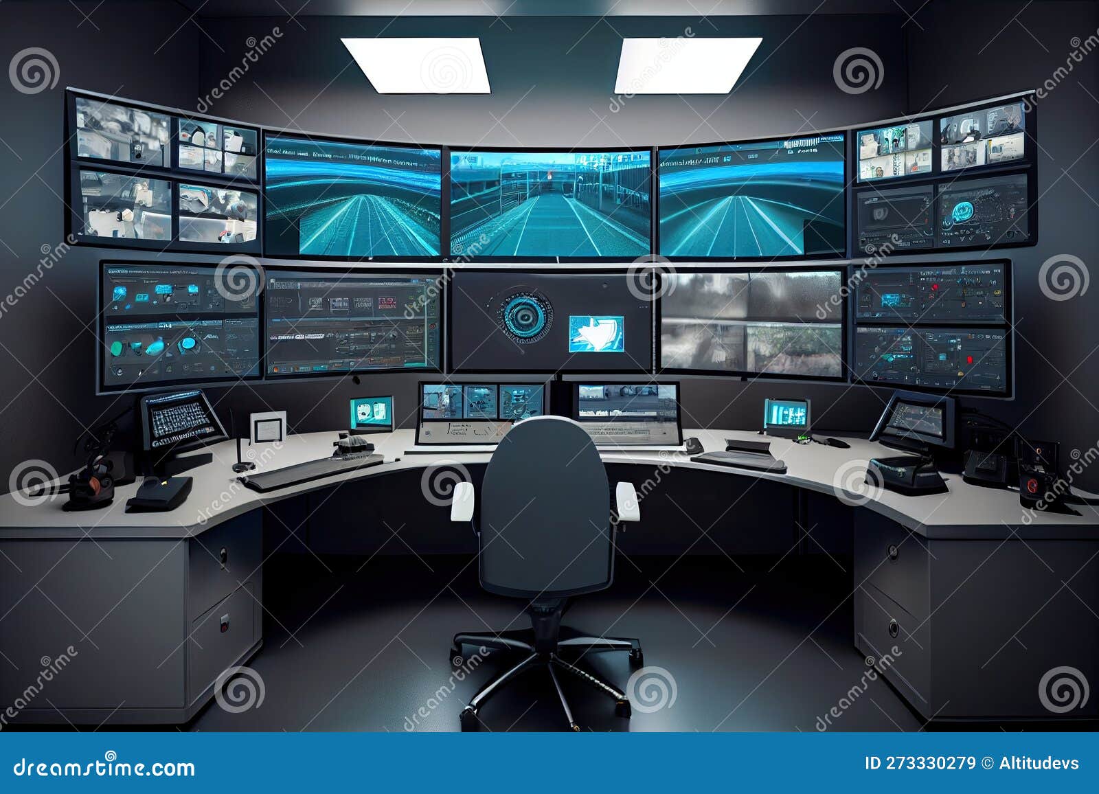 High-tech Monitoring Room, with Multiple Monitors and Security Cameras ...