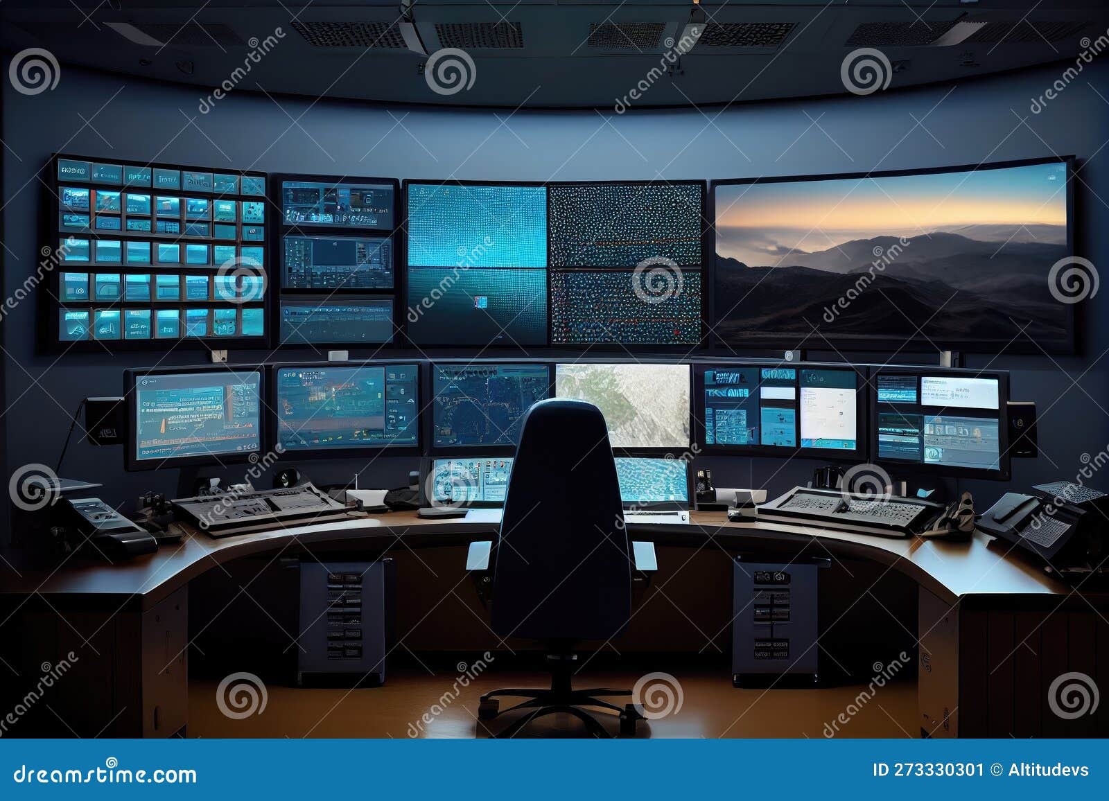 High-tech Monitoring Room, with Multiple Monitors and Security Cameras ...