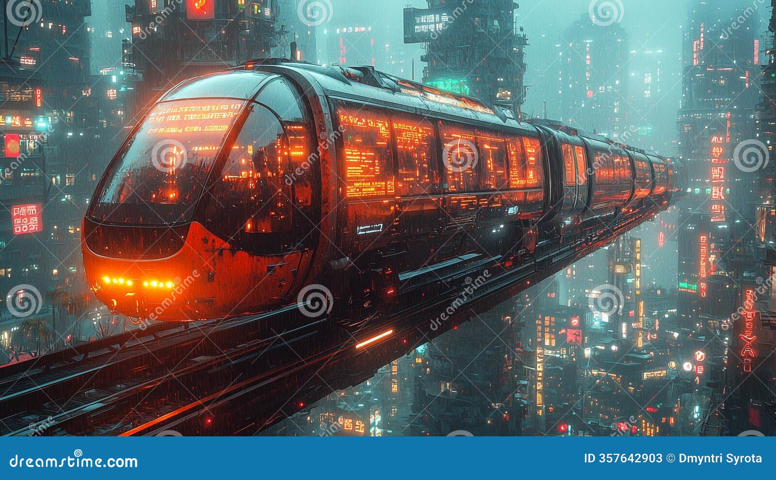 Futuristic Monorail Train in a Neon-Lit Cyberpunk City Stock ...