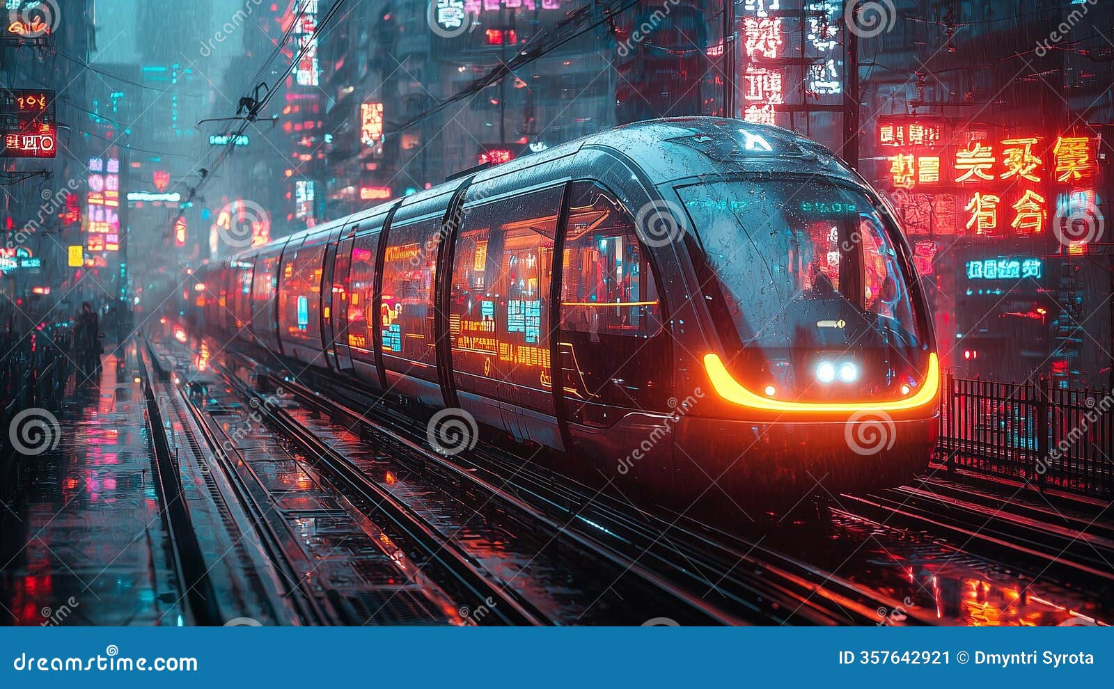 Futuristic Monorail Train in a Neon-Lit Cyberpunk City Stock ...