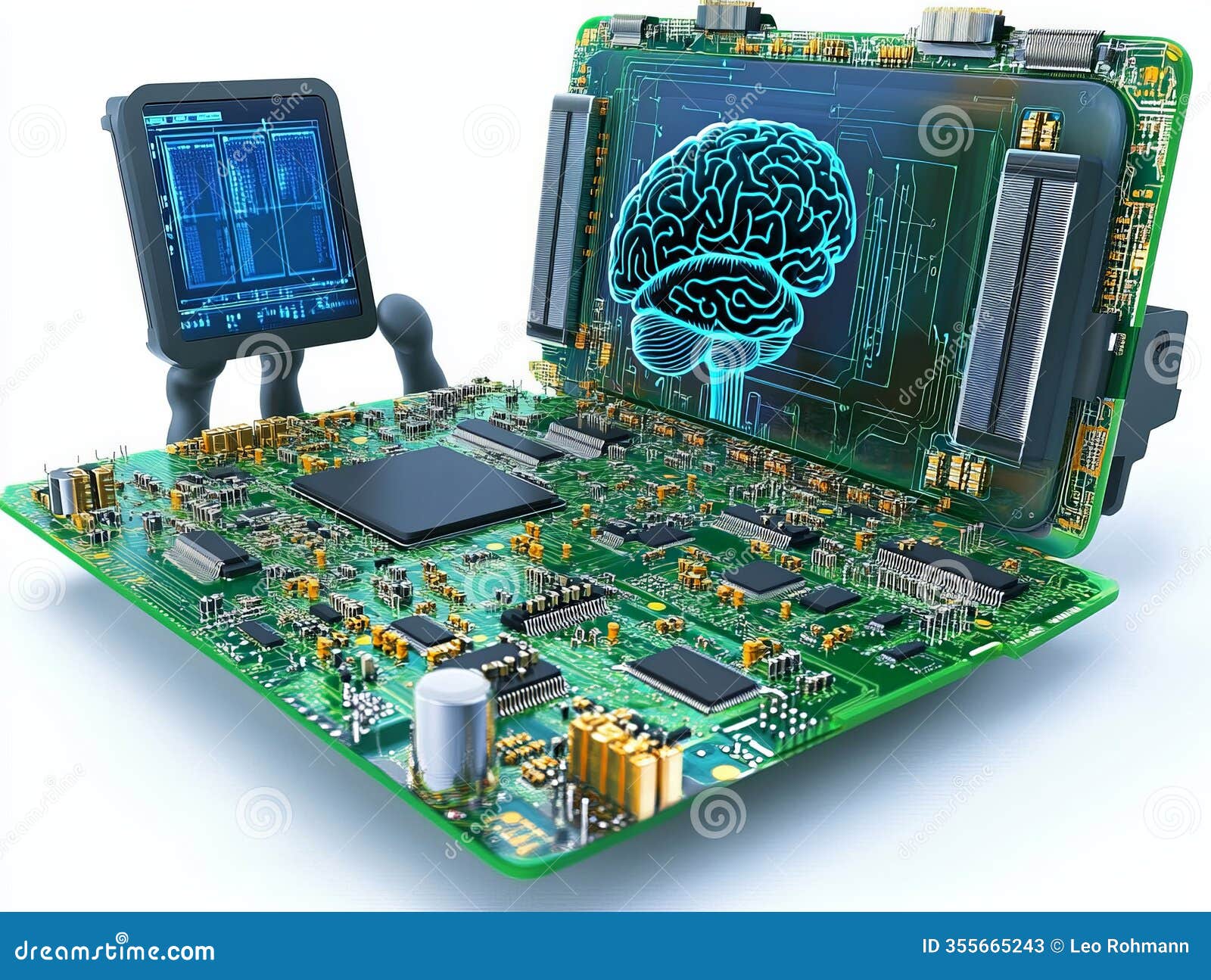 High Tech Motherboard with a Brain Shaped Neural Processor Glowing in ...