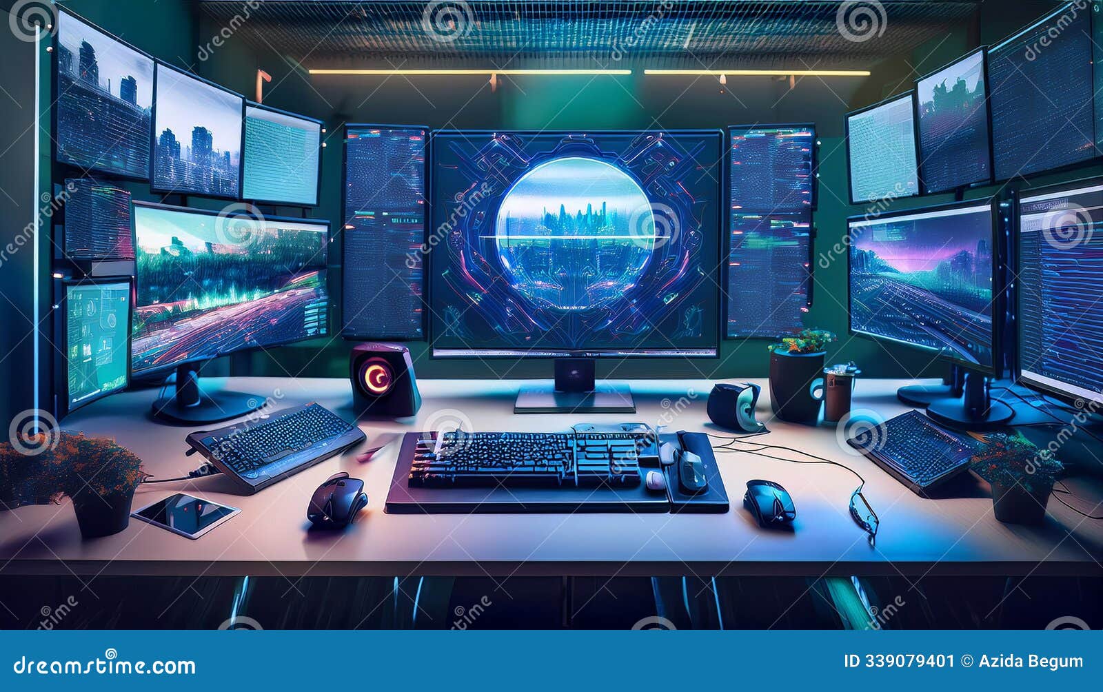 Multi-Monitor Workstation With Futuristic Interface And Coding Setup Royalty-Free Stock Photo ...