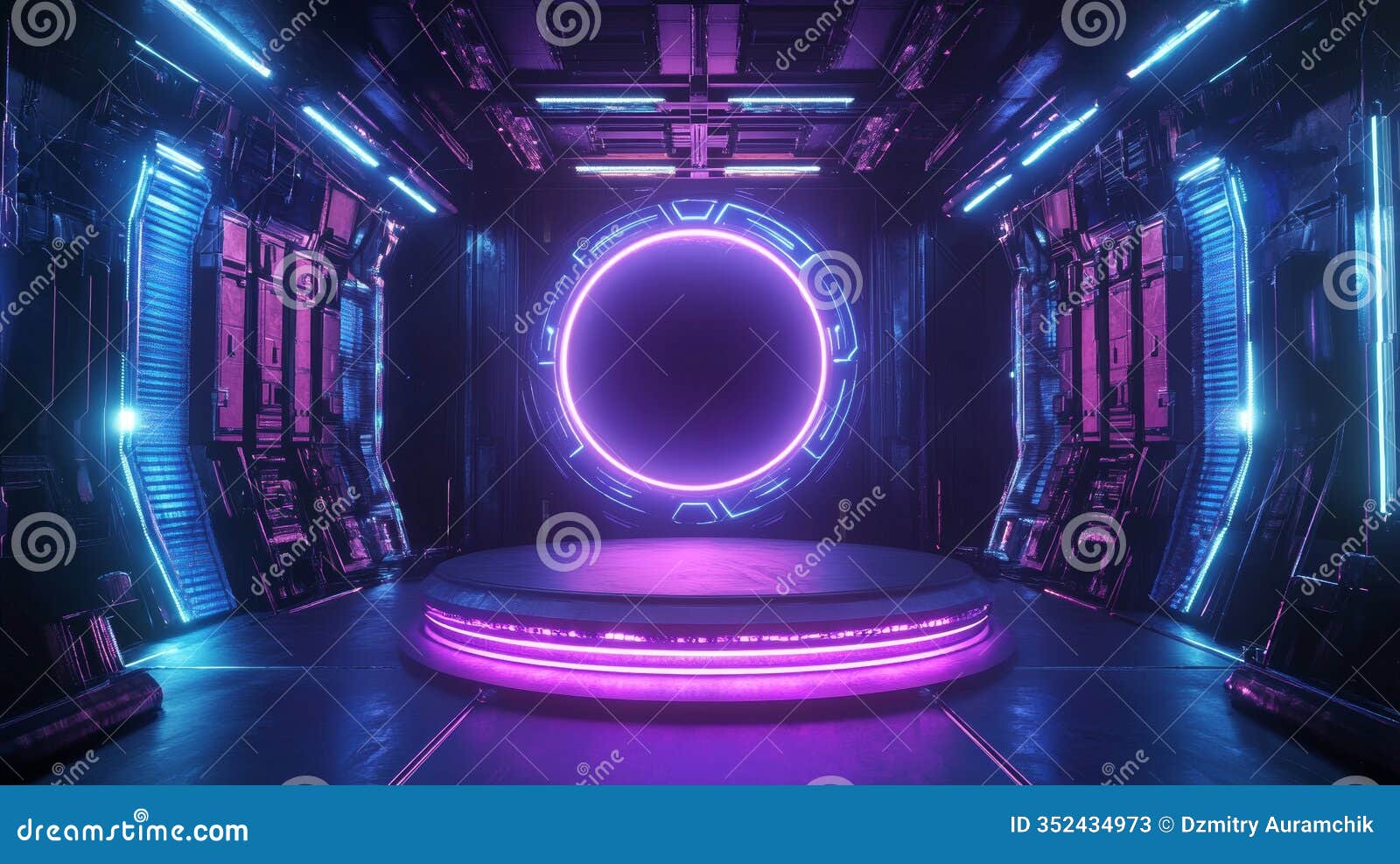 A High-tech Neon Stage Setup with a Glowing Platform and Shining ...