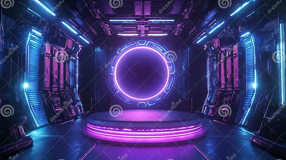 A High-tech Neon Stage Setup with a Glowing Platform and Shining ...