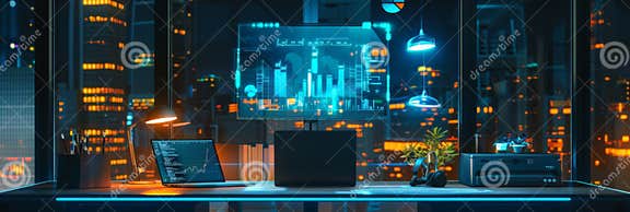 High-tech Office Desk with Computer Screen Displaying Financial ...