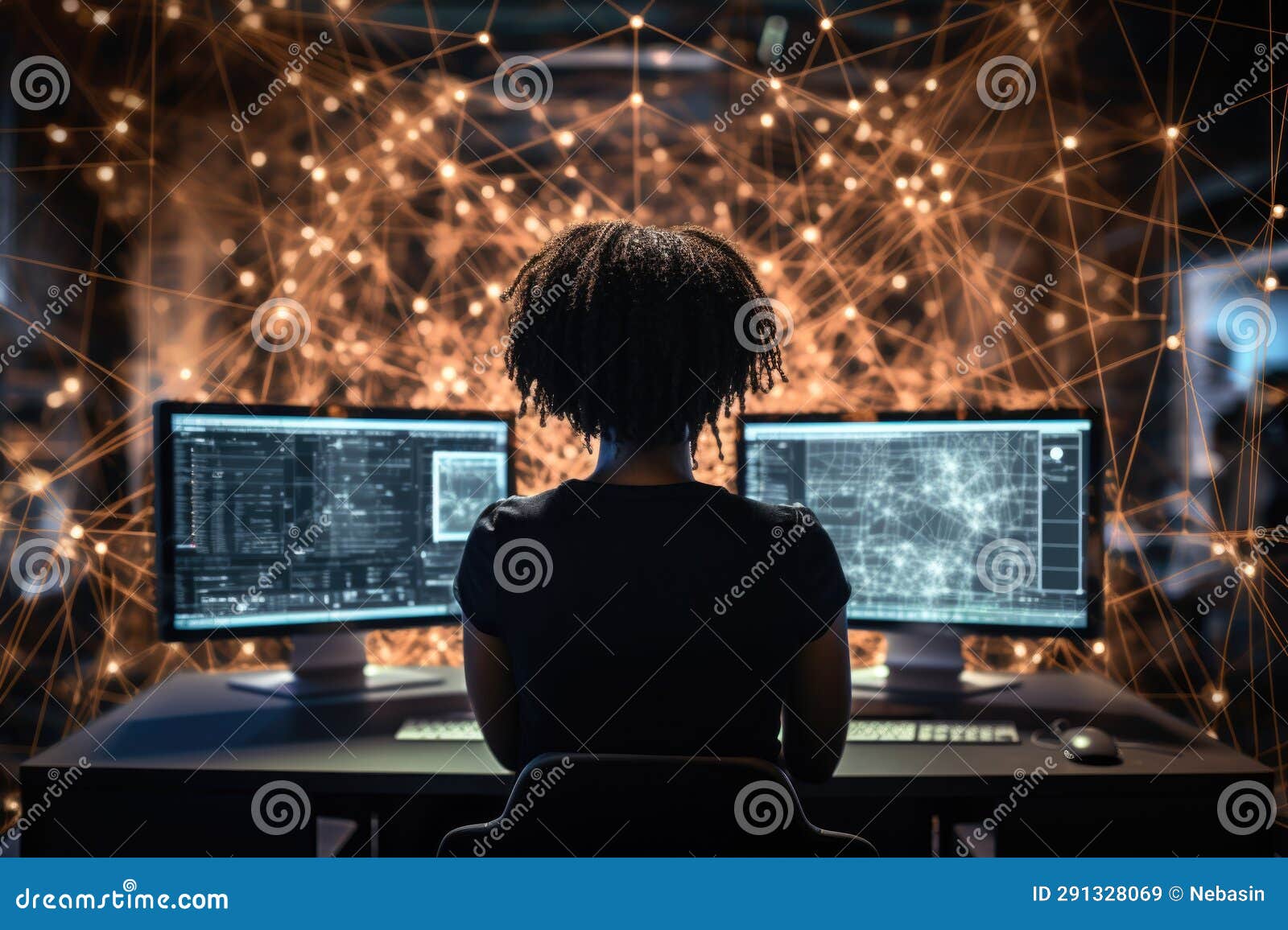 High Tech Office Illustration. a Woman Sits in Front of a Computer ...