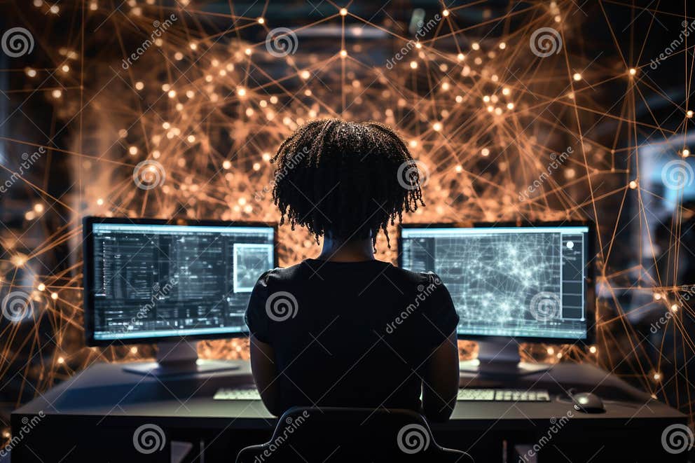 High Tech Office Illustration. a Woman Sits in Front of a Computer ...