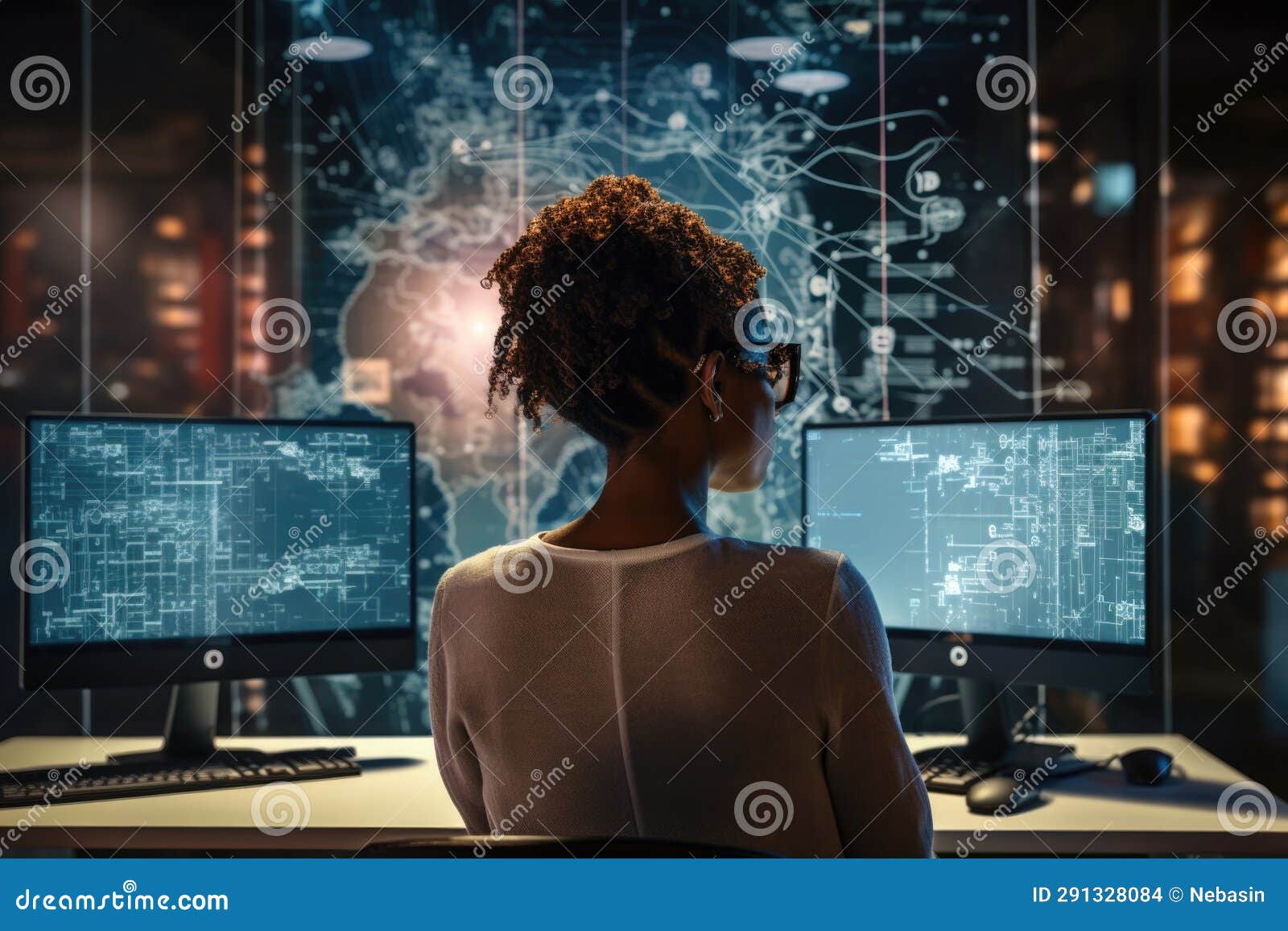 High Tech Office Illustration. a Woman Sits in Front of a Computer ...